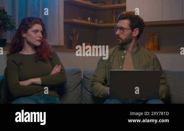 Angry bored wife distract husband from remote work demand attention ...