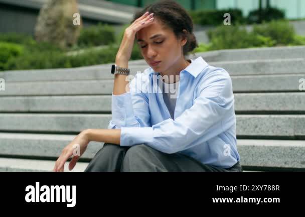 Tired stressed upset sad frustrated exhausted ill sick African American ...