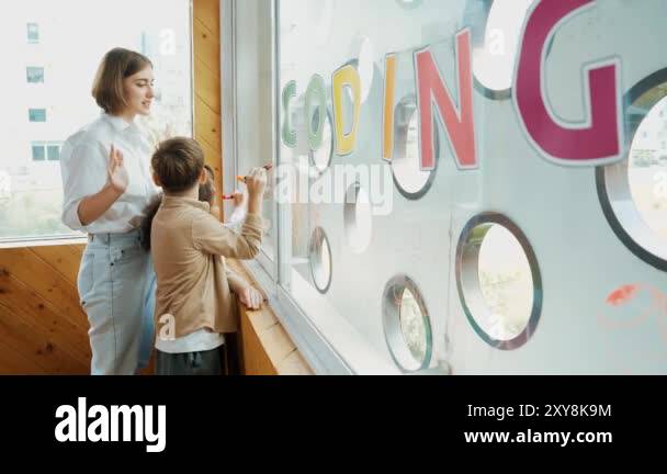 Young pretty teacher teaching diverse student drawing in art lesson ...