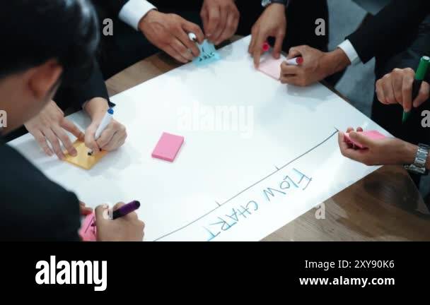Close up of professional business team hands writing and putting sticky ...
