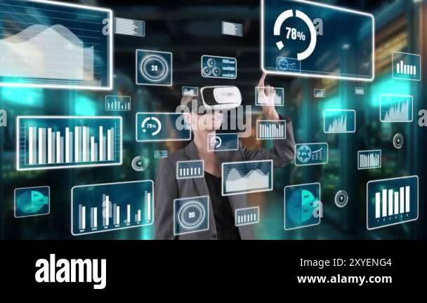 Woman selecting big data dynamic market percentage analysis graph by VR future global innovation ...
