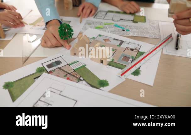 Architects determine position of tree or house using building blueprint ...