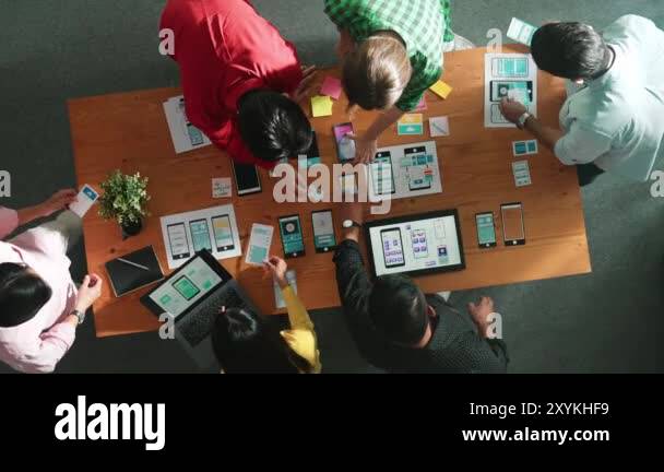 Top view of smart software developer planning software development. Skilled programmer team ...