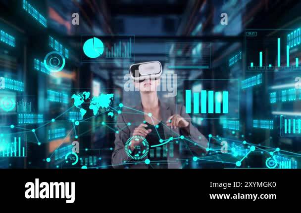 Businesswoman user making zoom big data dynamic market graph monitor by ...