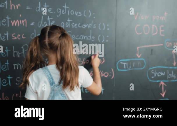 Caucasian girl writing blackboard and turnaround to looking at camera ...