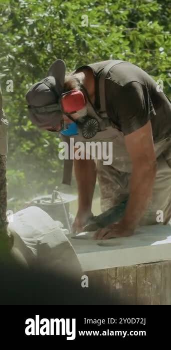 Vertical medium shot of professional male sculptor wearing respiratory ...