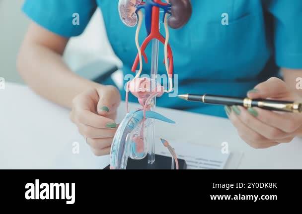 Doctor uses anatomical model to explain male urinary system. Model ...