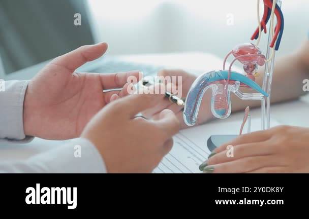Doctor uses anatomical model to explain male urinary system. Model ...