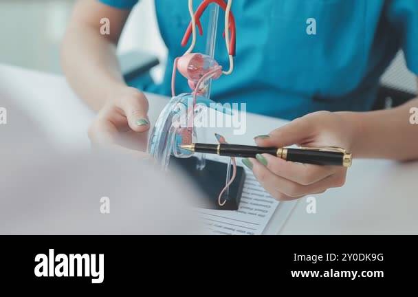 Doctor uses anatomical model to explain male urinary system. Model ...