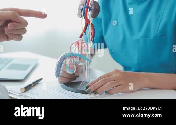 Doctor uses anatomical model to explain male urinary system. Model ...