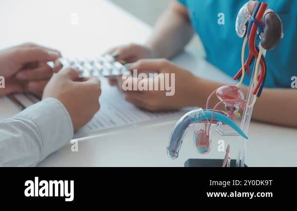 Doctor uses anatomical model to explain male urinary system. Model ...