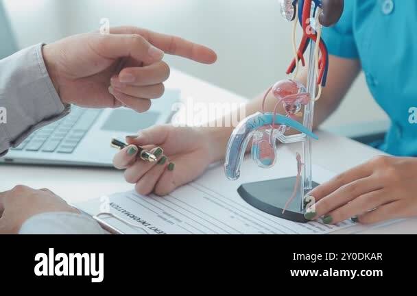 Doctor uses anatomical model to explain male urinary system. Model ...