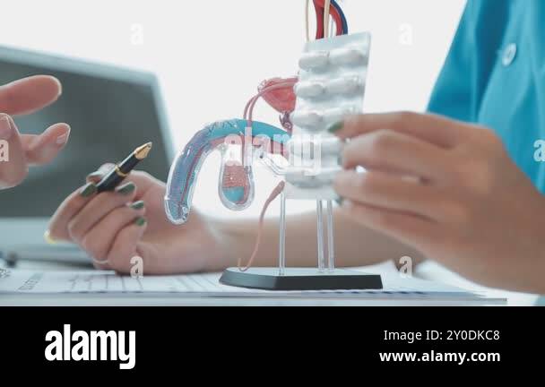 Doctor uses anatomical model to explain male urinary system. Model ...