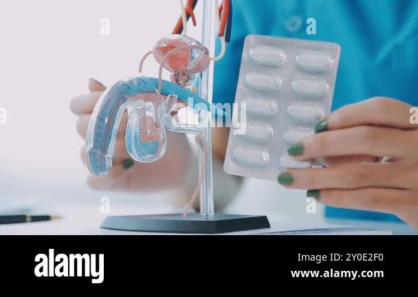 The doctor uses an anatomical model to illustrate the male urinary ...