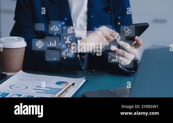 businessman working with smart phone and virtual reality headset ...