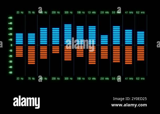 Close-up digital screen with sound mixer, equalizer and software for sound system. Recording ...