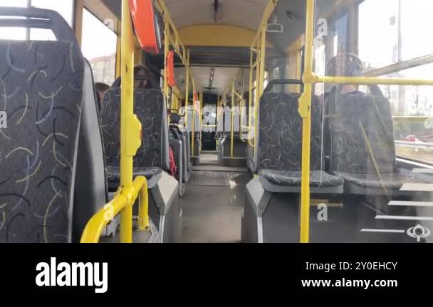 Kyiv City Bus interior standing area, without seat and people during ...