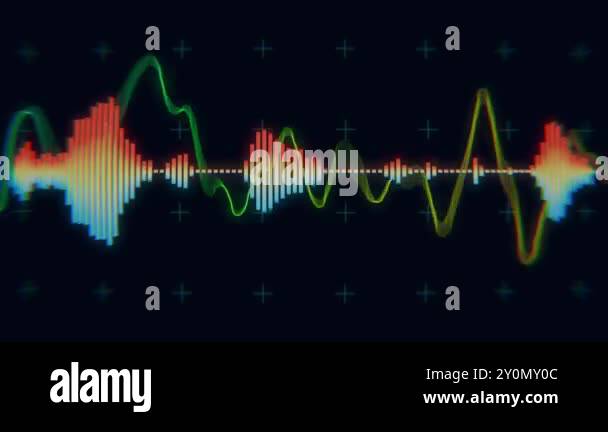 A colorful looping digital sound wave visualization featuring a dynamic waveform against a dark ...