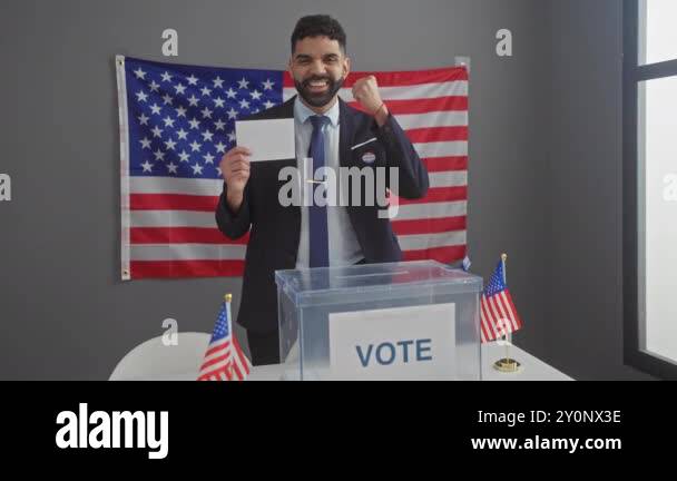 Victorious young hispanic man, government candidate, celebrates ...