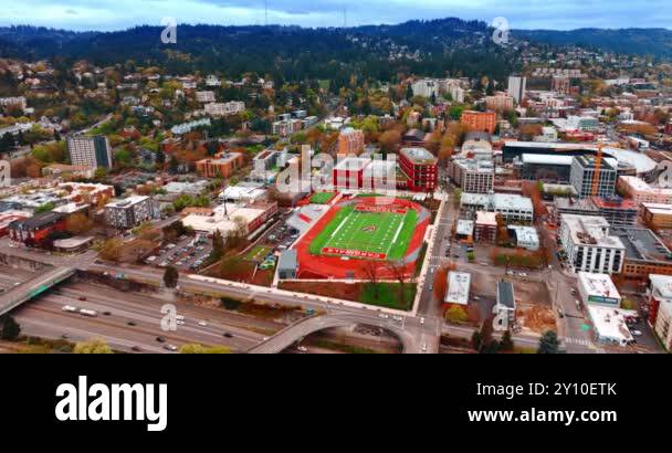 Bright view of the stadium in the cityscape of the city. Aerial ...