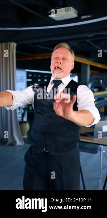 Old man seeing nothing without his eyeglasses. Blind man puts on ...