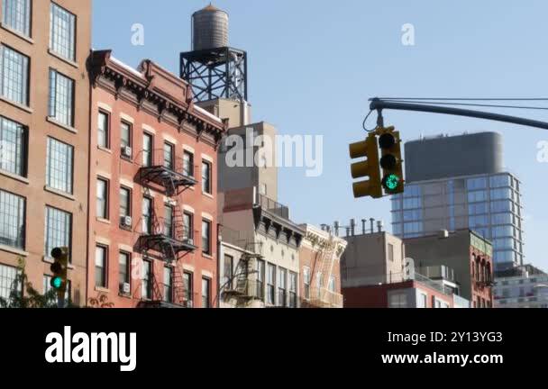 New York City street crossroad, yellow traffic light, transport road ...