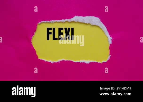 Flexible work message written on ripped torn pink paper with yellow background. Conceptual ...