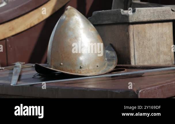 Spanish conquistador helmet with a rudder behind it for maneuvering the ...