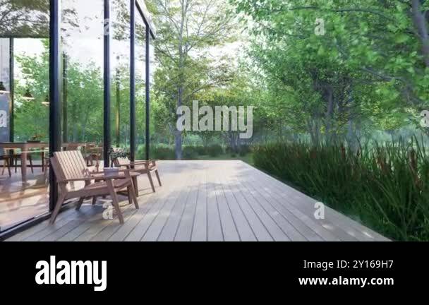 Animation of modern contemporary wooden terrace surrounded by nature 3d ...