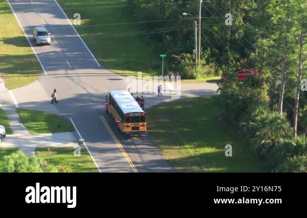 Students boarding school bus at bus stop before going to lessons ...