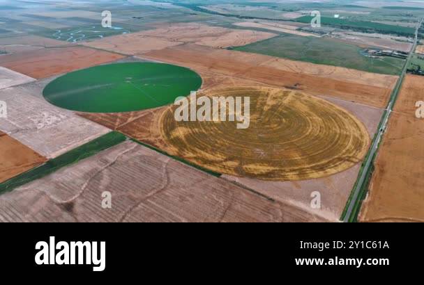 Two circle farms on the fields with center-pivot-irrigation systems ...