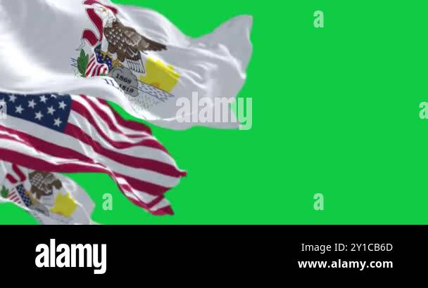 Illinois state flags waving with the national flag of the American ...
