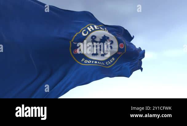 London, UK, Aug 10 2024: Close-up of Chelsea Football Club flag waving ...
