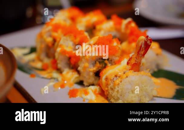 Close-up of tempura crunchy roll in Japan, showcasing crispy tempura ...
