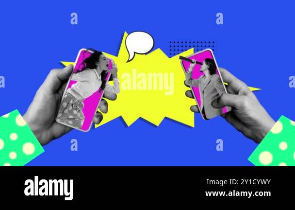 Man looking in spyglass while woman peeking out phone screen talking ...