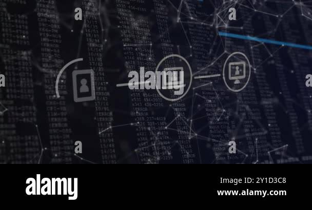 Network Of Connections And Data Processing Animation Over Digital Code Background Technology