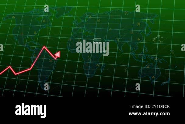 Rising red line graph animation over world map with data points and grid. Growth, success ...