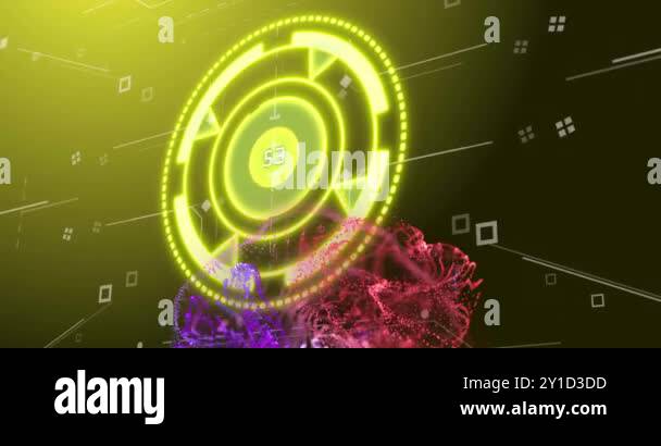 Circular digital interface with glowing arrows and particles animation ...