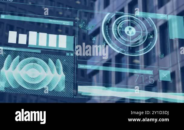 Futuristic Data Analysis And Digital Interface Animation Over Cityscape Background Technology