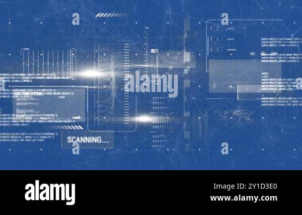 Analysis complete and scanning text animation over digital data processing interface. Technology ...