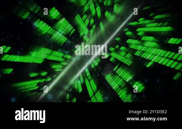 Green digital data streams animation over dark background with light ...