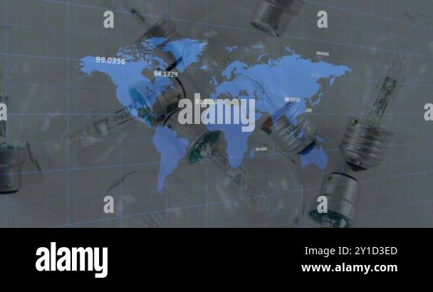 World map with numerical data animation over rotating mechanical parts. Global, technology ...