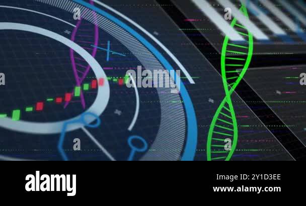 Animating financial data and DNA strand over digital interface in ...