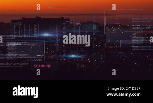 Scanning and analysis complete text animation over cityscape at sunset. Technology, futuristic ...