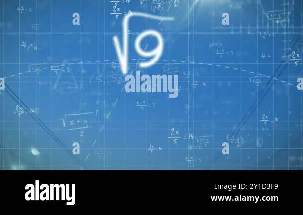 Mathematical equations and scientific formulas animation over power lines and blue sky ...