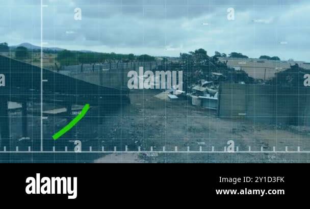 Green line graph animation over large pile of electronic waste in ...