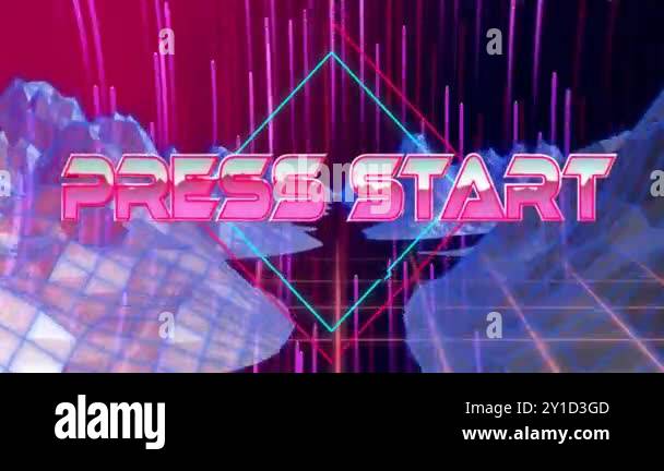 Press Start text animation over neon grid and geometric mountains ...