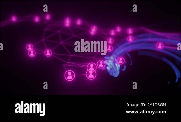 Animating network connections and user icons over abstract blue and ...