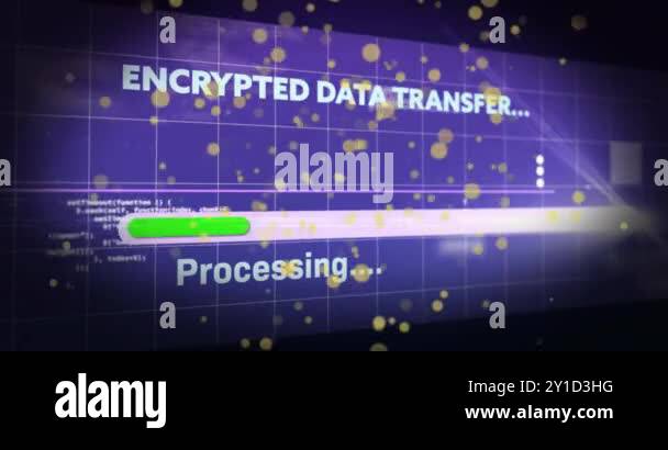Transferring And Processing Encrypted Data Animation Over Grid Background With Yellow Particles