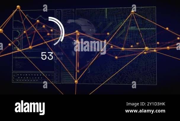 Data visualization animation over world map and graphs with numerical indicators. Technology ...